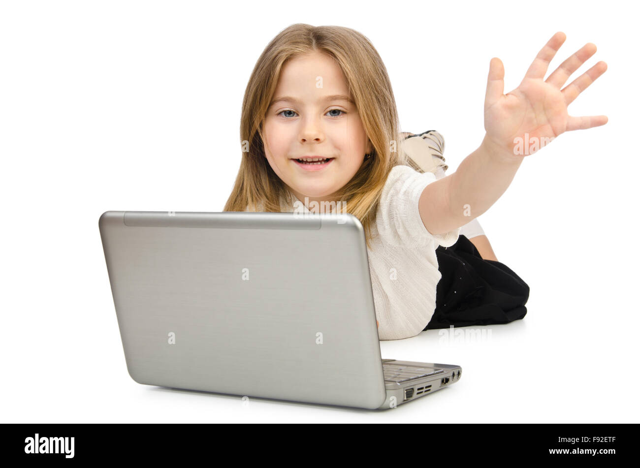 Cute girl with laptop on white Stock Photo - Alamy