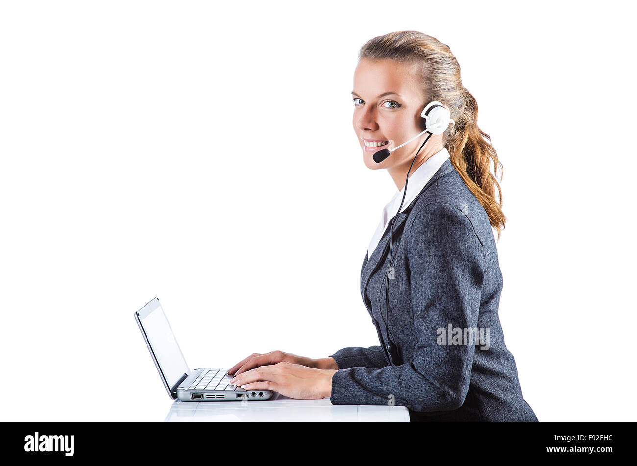 Female helpdesk operator on white Stock Photo - Alamy