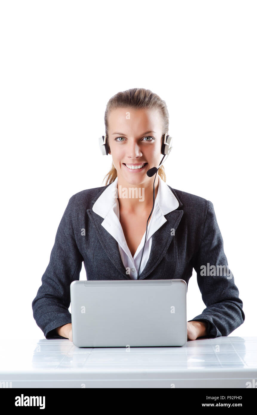 Female helpdesk operator on white Stock Photo - Alamy