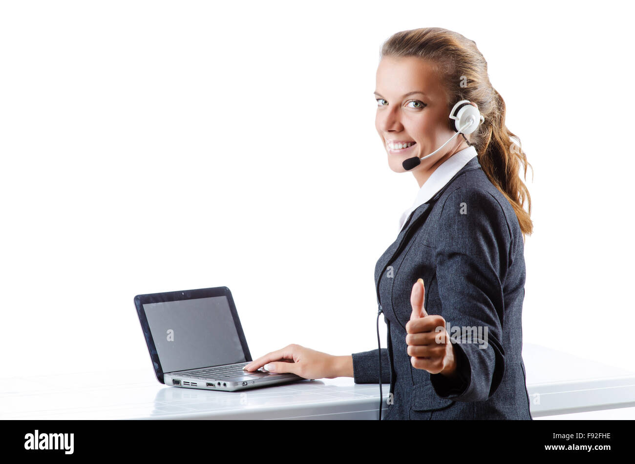 Female helpdesk operator on white Stock Photo - Alamy