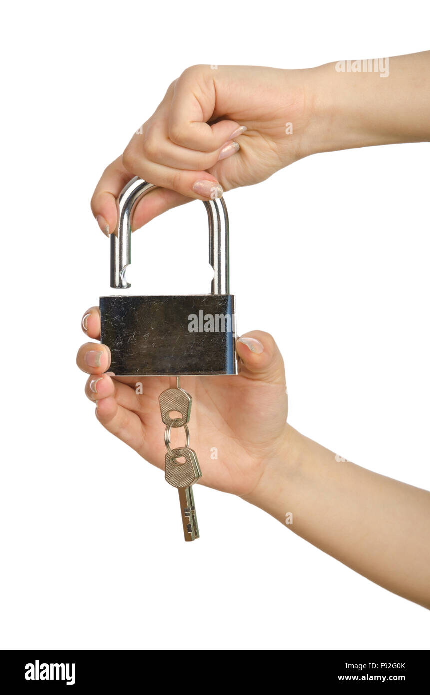 Hand with padlock isolated on white Stock Photo - Alamy