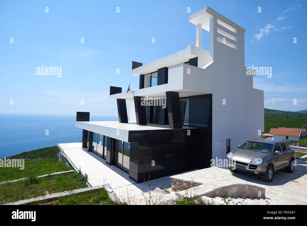 External view of a contemporary house modern villa at sunset Stock ...