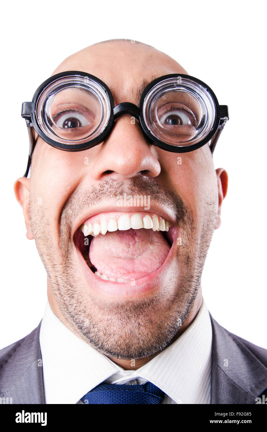 Nerd funny businessman on white Stock Photo - Alamy