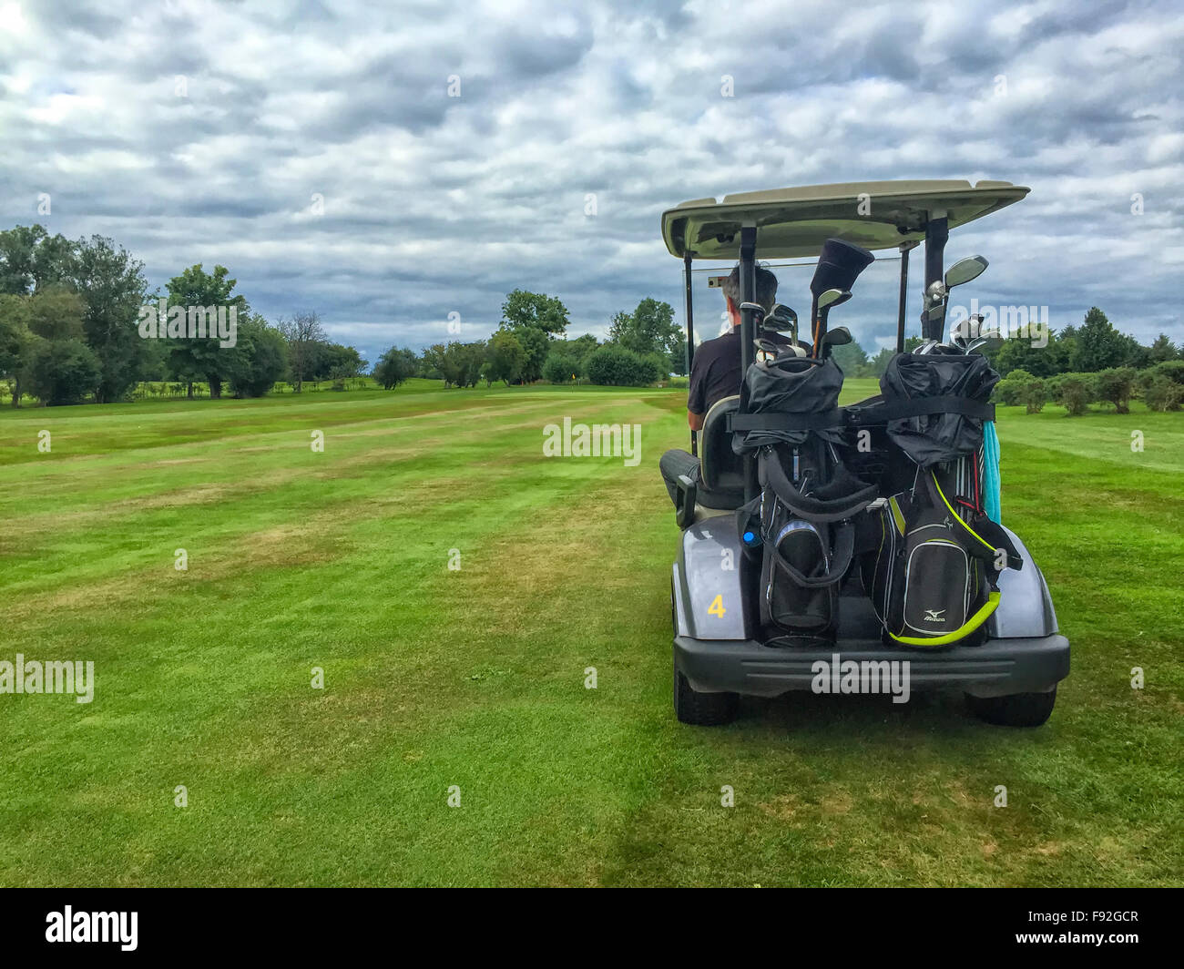 Golfer driving in his golf buggy on golf course Stock Photo - Alamy