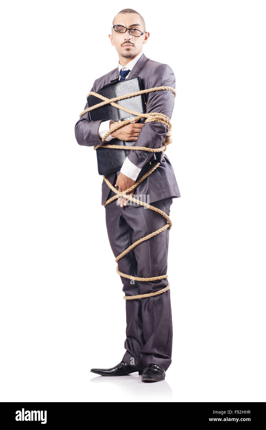 Man tied up with rope on white Stock Photo - Alamy