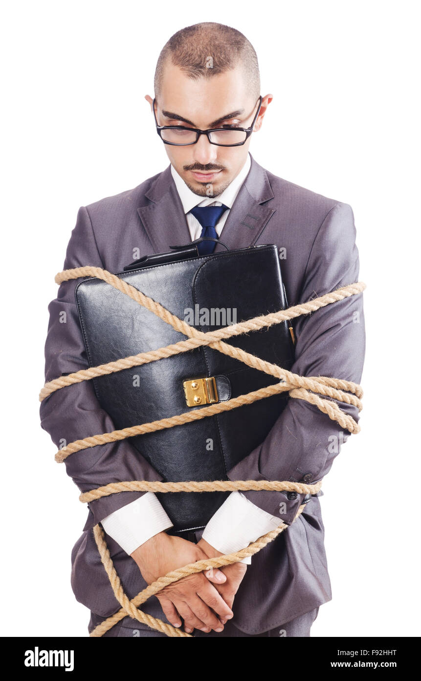 Man tied up with rope on white Stock Photo - Alamy