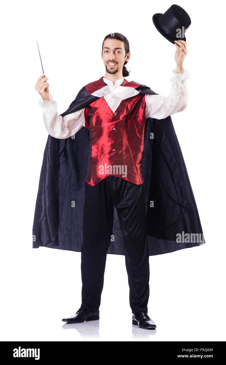 Magician with his magic wand on white Stock Photo - Alamy