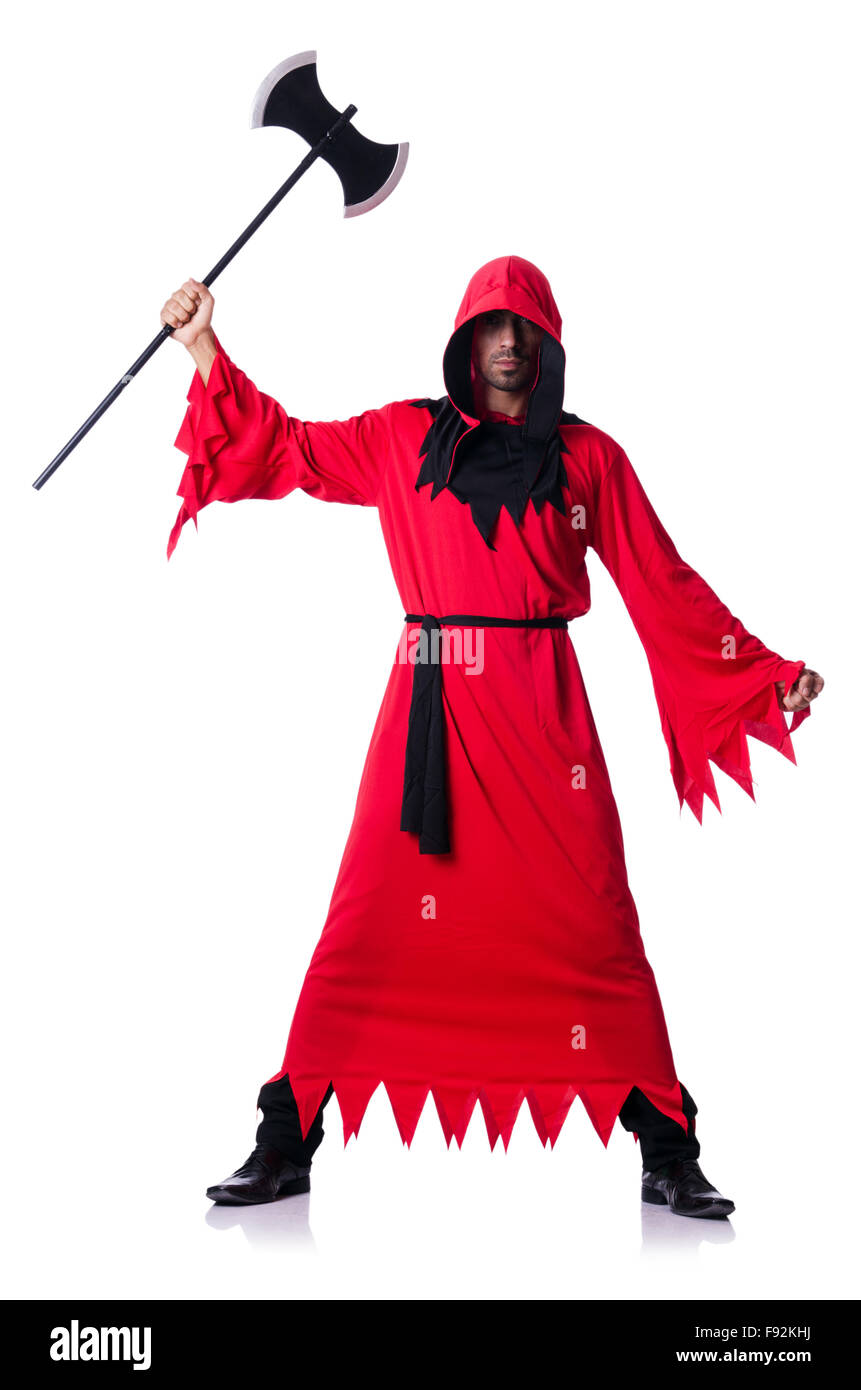 Executioner in red costume with axe on white Stock Photo - Alamy