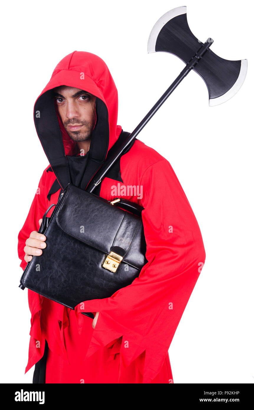 Executioner in red costume with axe on white Stock Photo - Alamy