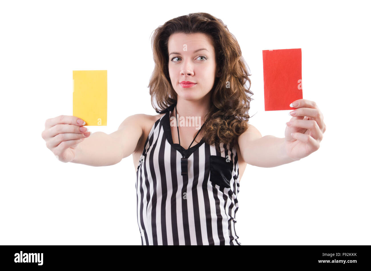 Woman referee with card on white Stock Photo - Alamy