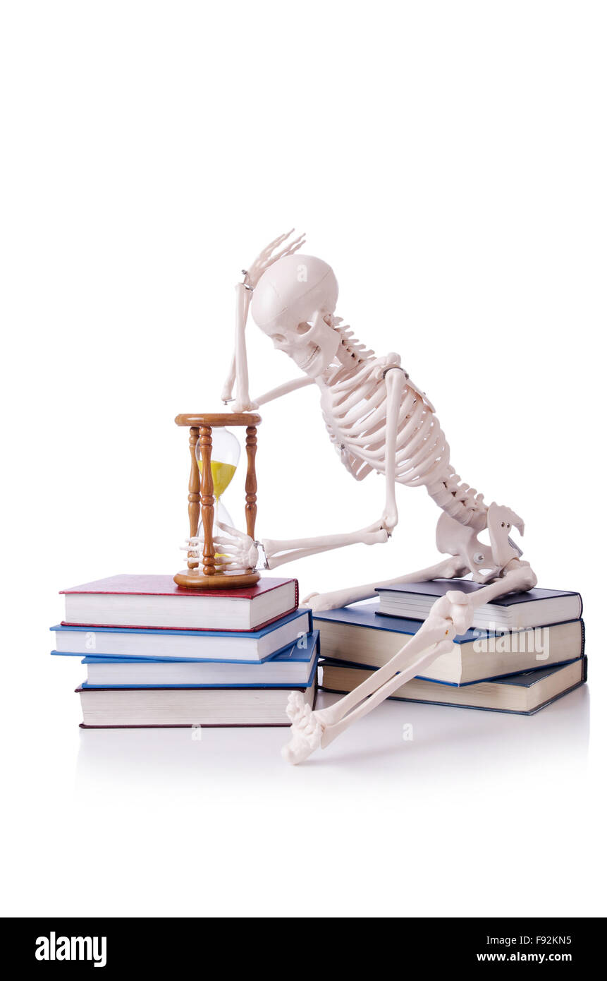 Skeleton reading books on white Stock Photo - Alamy