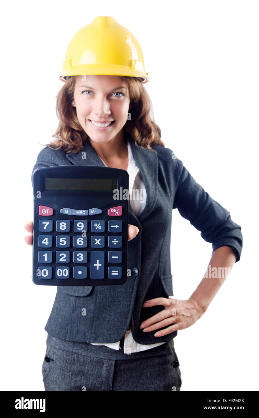 Female builder with calculator on white Stock Photo - Alamy