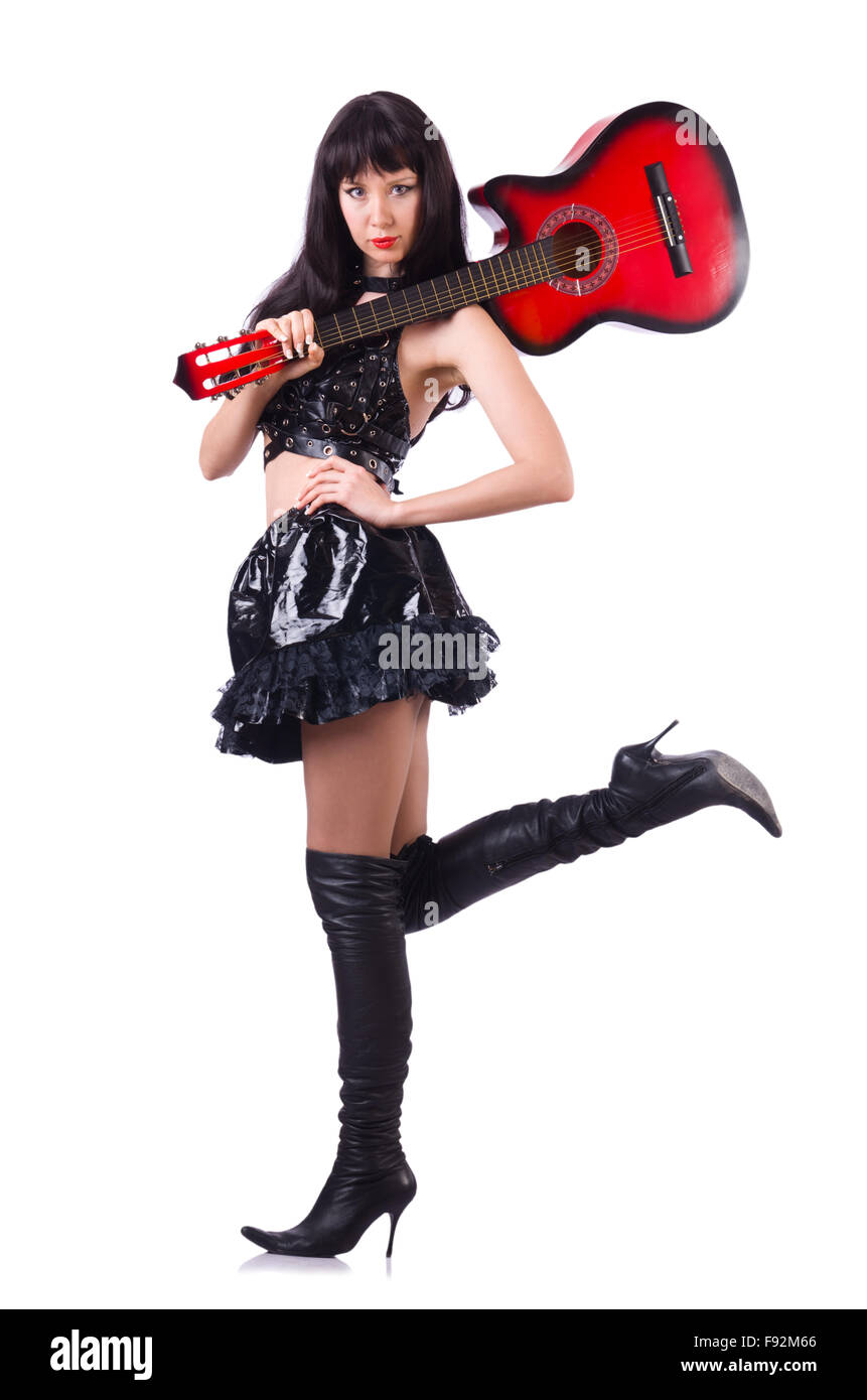 Young singer in leather costume with guitar Stock Photo - Alamy