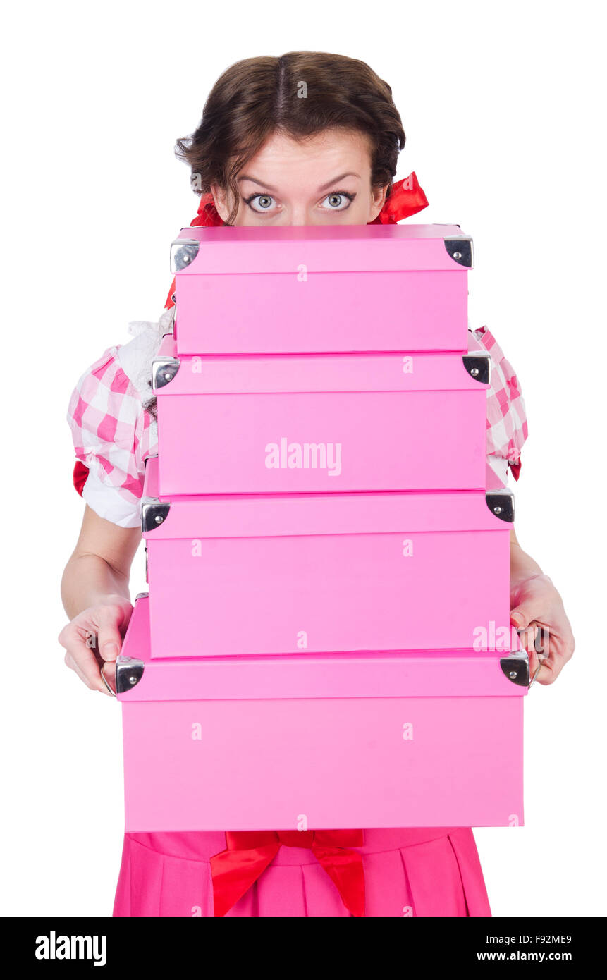 Young woman with storage boxes on white Stock Photo - Alamy