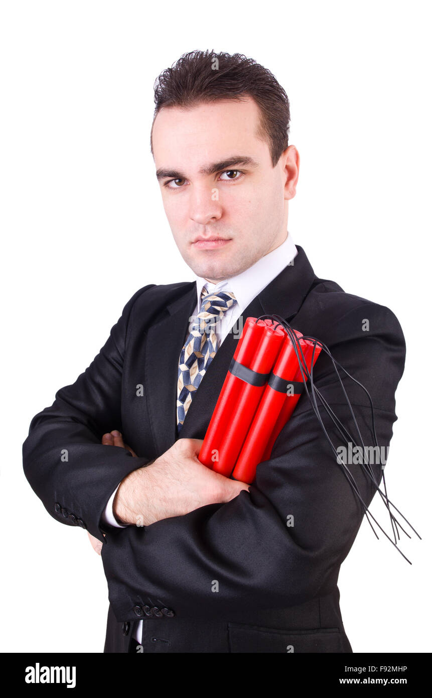Businessman with dynamite isolated on white Stock Photo - Alamy