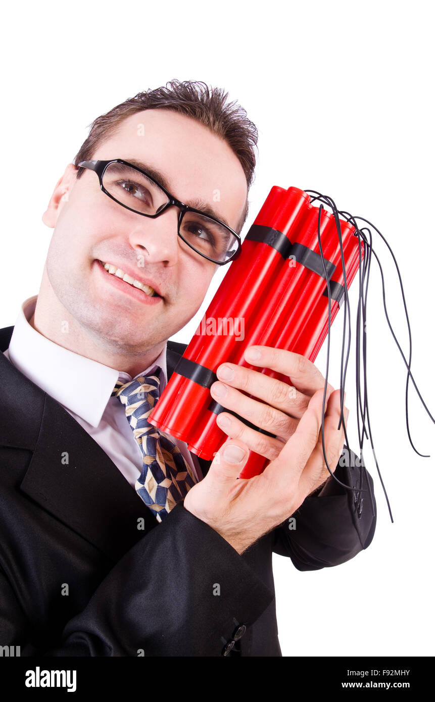 Businessman with dynamite isolated on white Stock Photo - Alamy