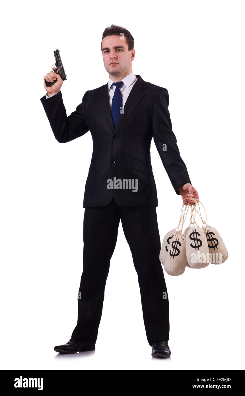 Gangster with bags of money on white Stock Photo - Alamy