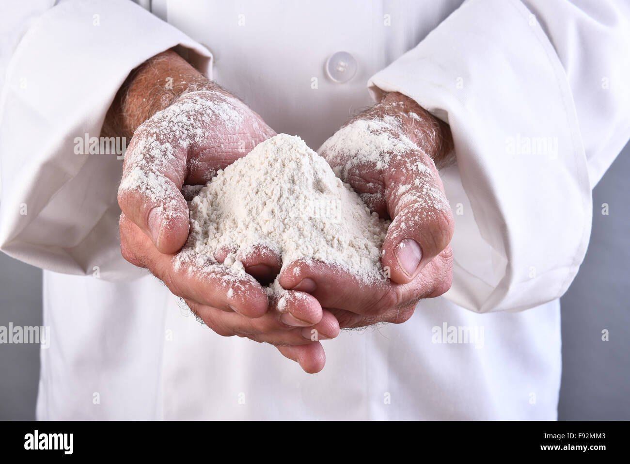 Closeup of a chef holding a two handfuls of flour Stock Photo - Alamy