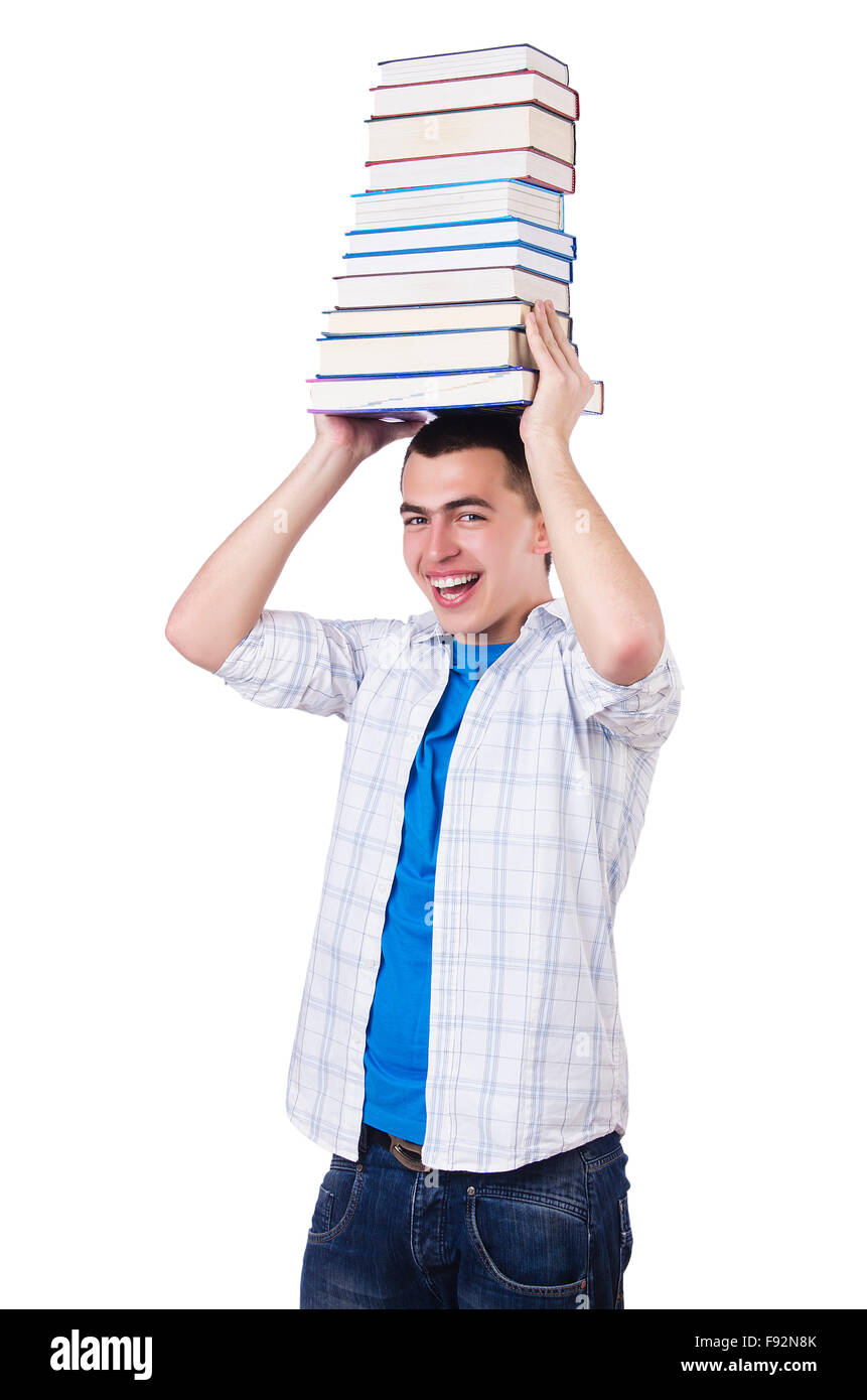 Student with lots of books on white Stock Photo - Alamy