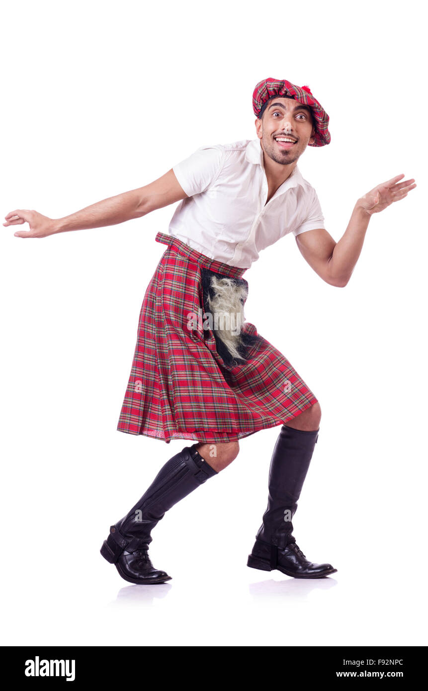 Scottish man dancing on white Stock Photo - Alamy