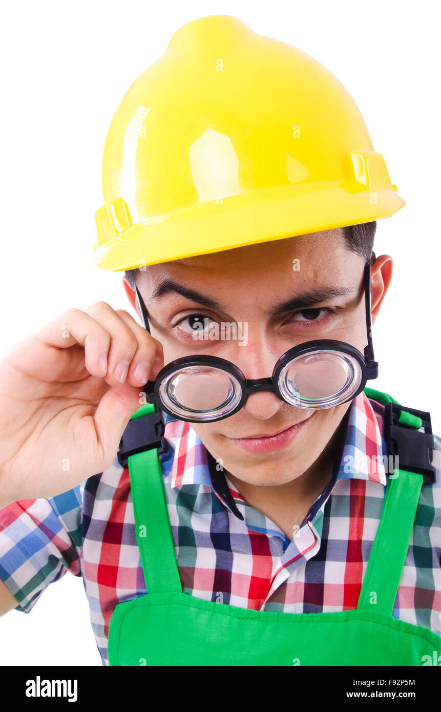 Funny construction worker isolated on white Stock Photo - Alamy