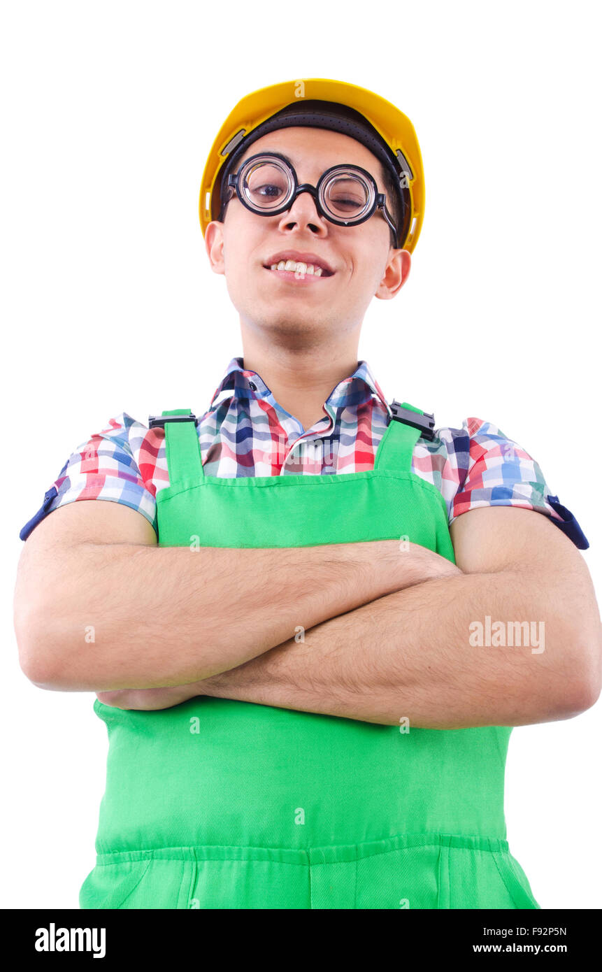 Funny construction worker isolated on white Stock Photo - Alamy