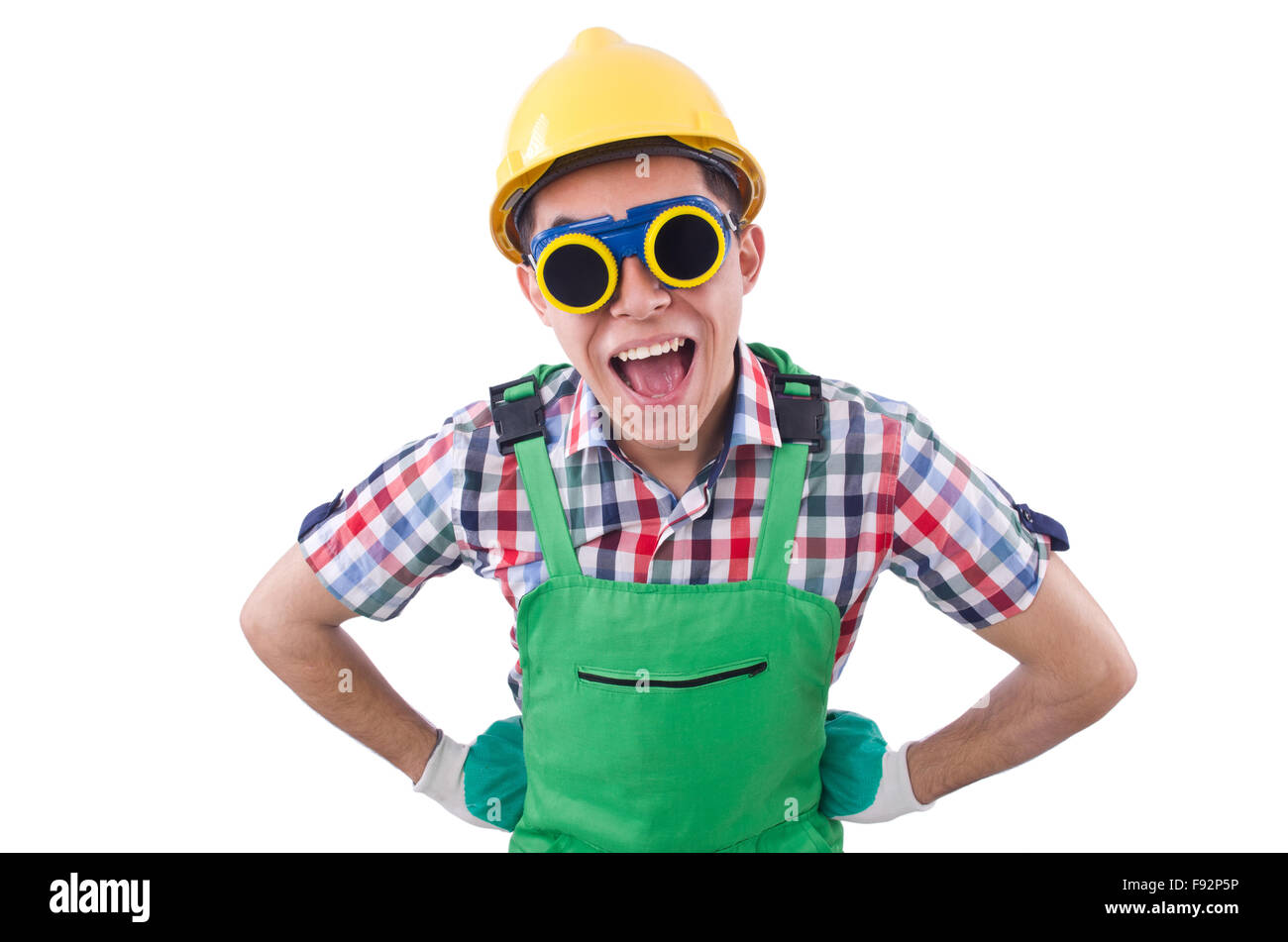 Funny construction worker isolated on white Stock Photo - Alamy