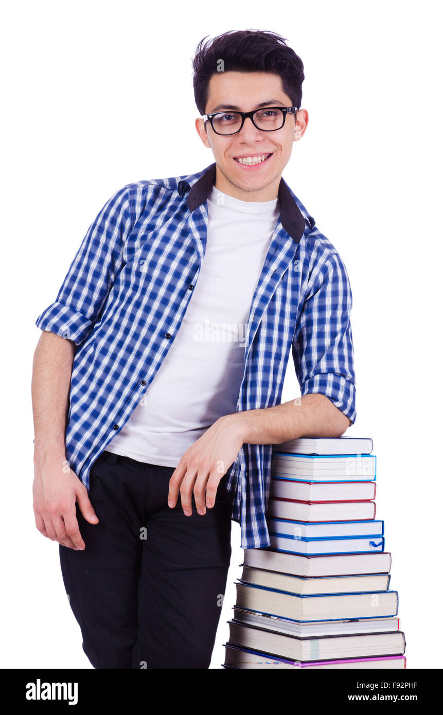 Student with lots of books on white Stock Photo - Alamy