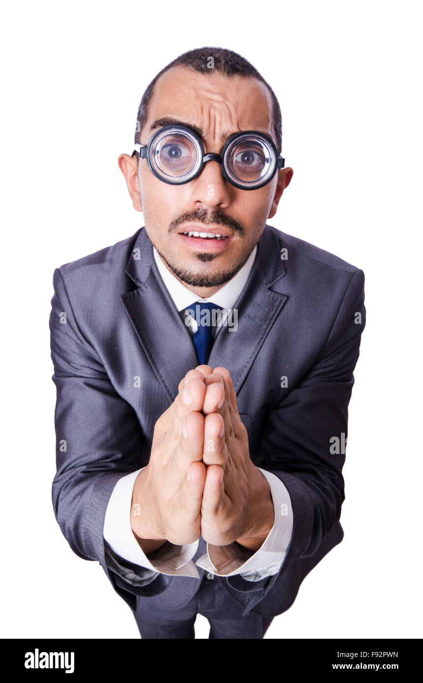 Funny nerd businessman isolated on white Stock Photo - Alamy