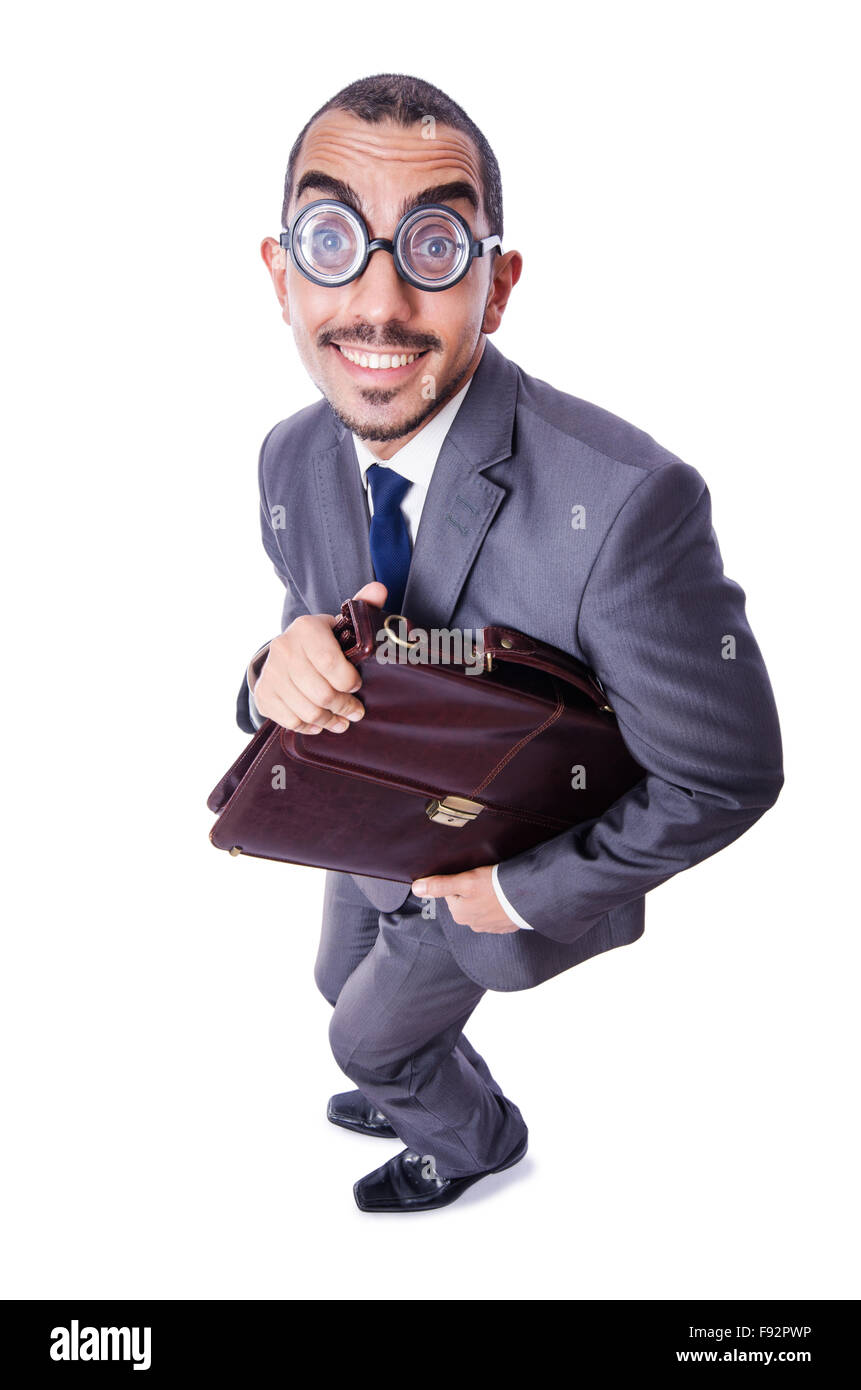 Funny nerd businessman isolated on white Stock Photo - Alamy