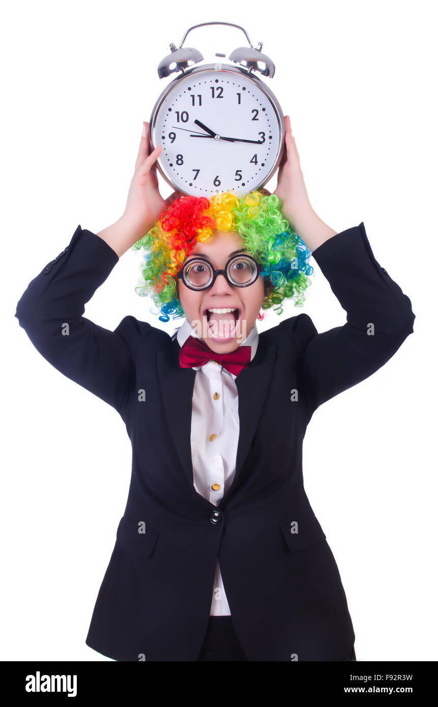 Funny clown with clock on white Stock Photo - Alamy