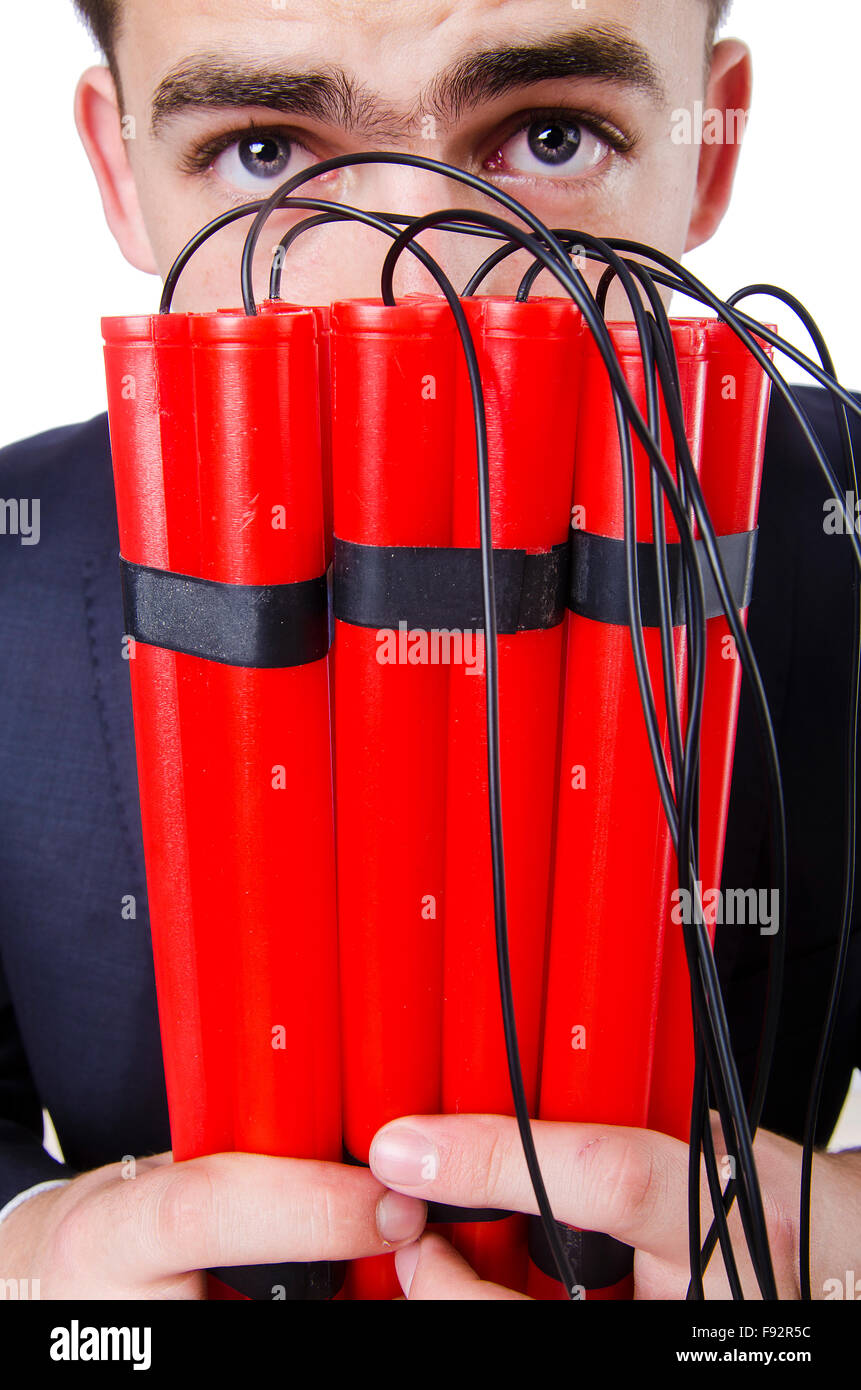 Businessman with dynamite isolated on white Stock Photo - Alamy