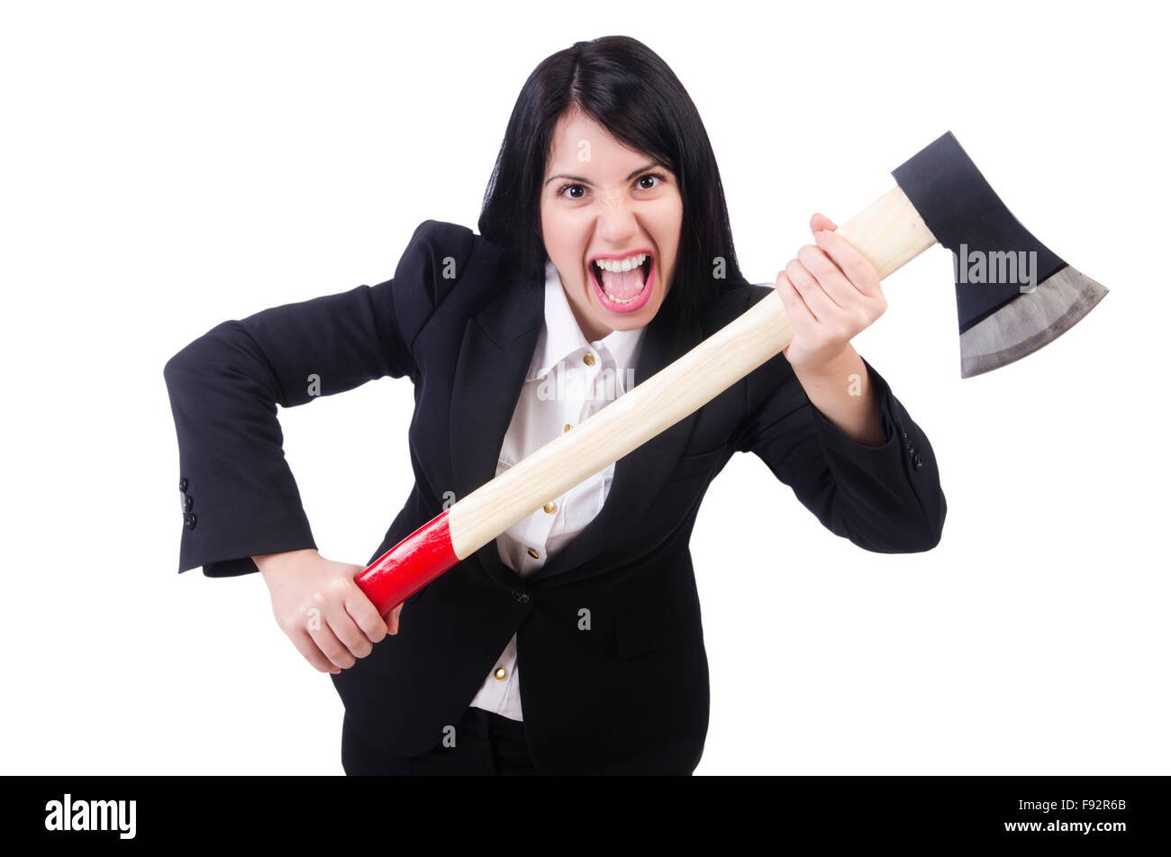 Angry businesswoman with axe on white Stock Photo - Alamy