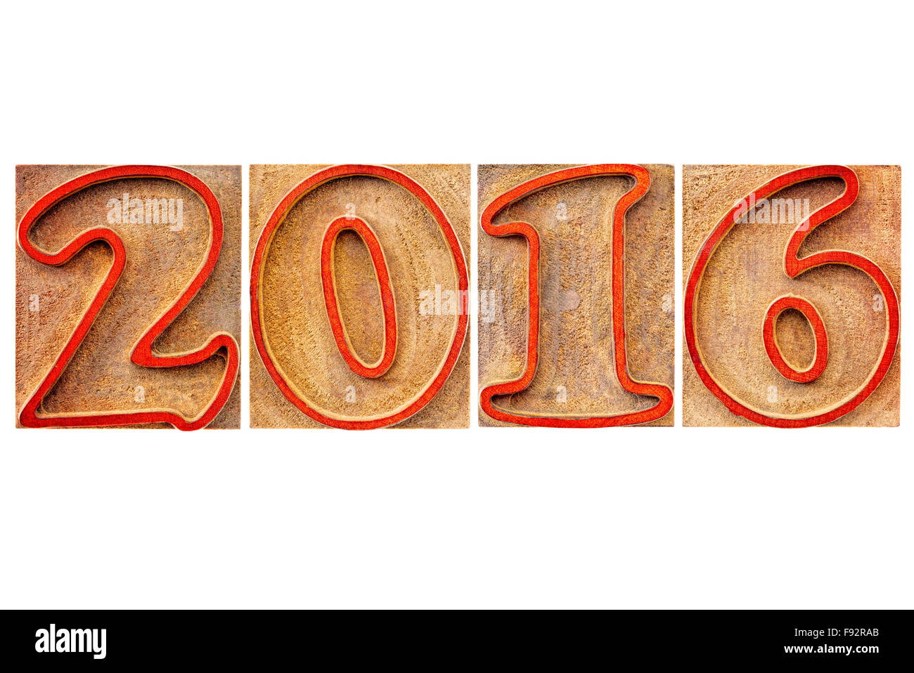 2016 isolated text in outlined letterpress wood type blocks stained by ...