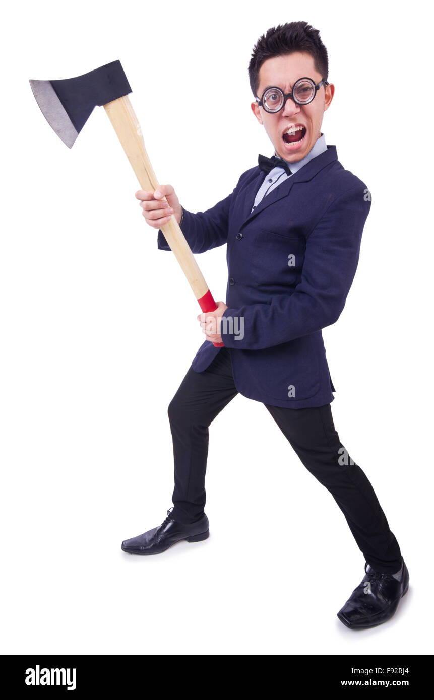 Funny man with axe on white Stock Photo - Alamy