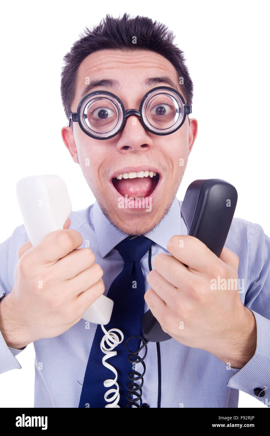 Crazy man with phone on white Stock Photo - Alamy