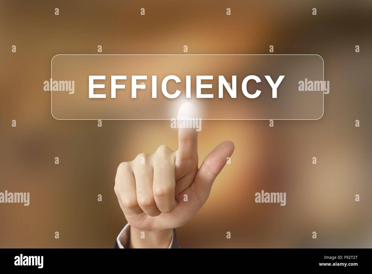 business hand pushing efficiency button on blurred background Stock ...