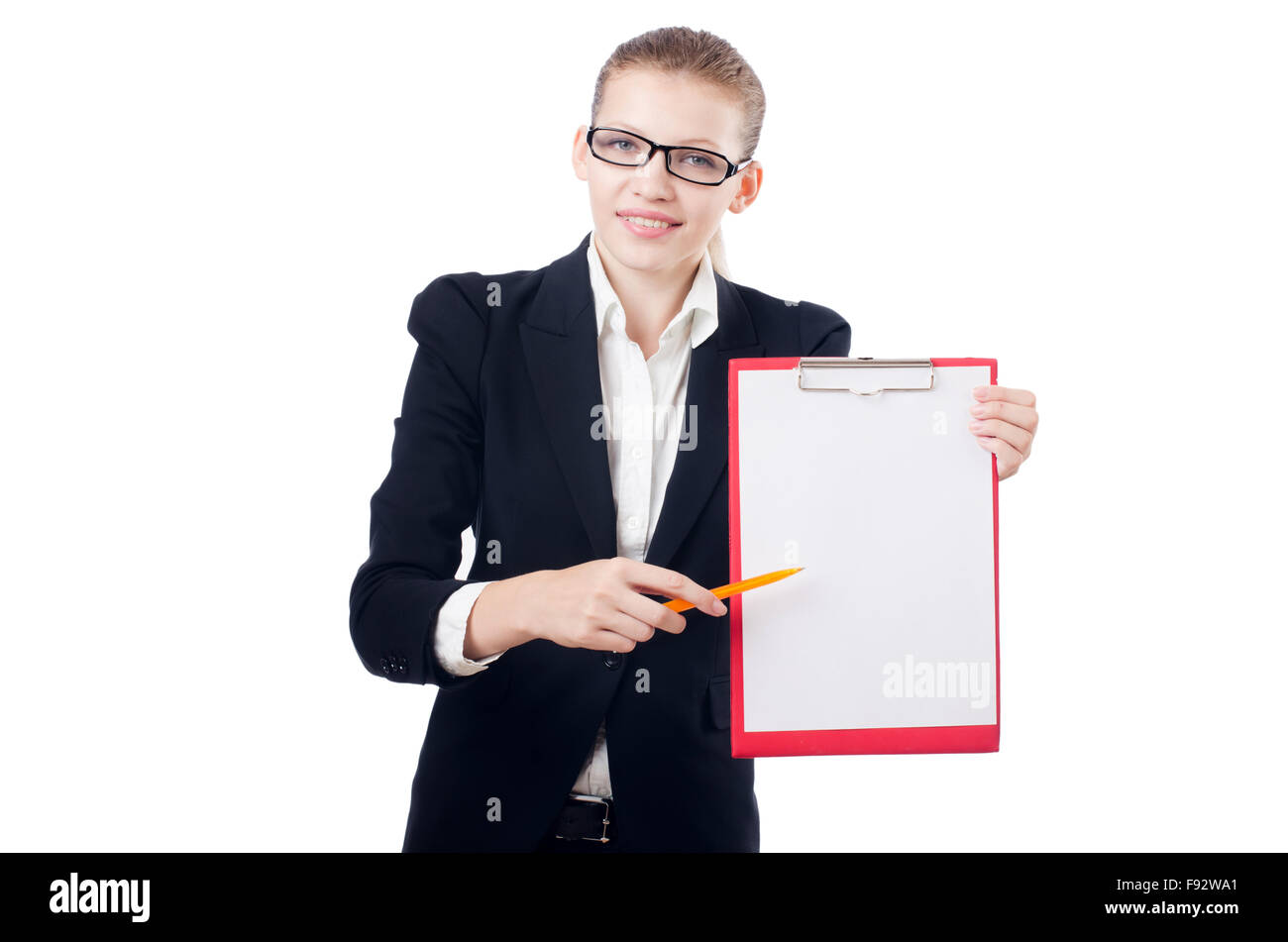 Woman with pad isolated on white Stock Photo - Alamy