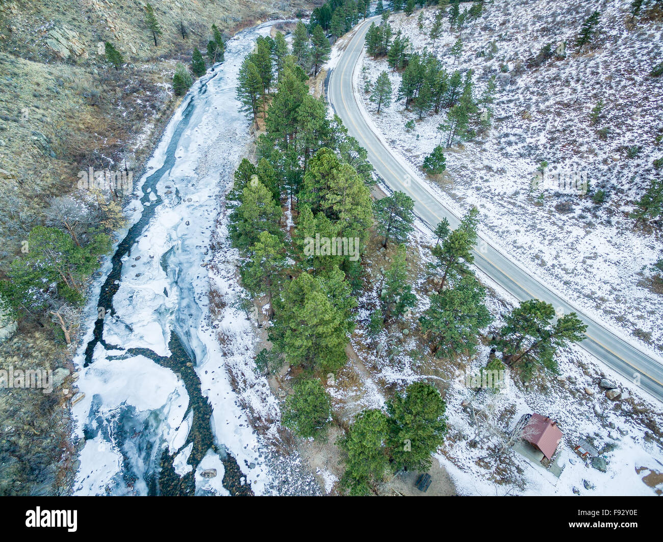 aerial view of Cache la Poudre River at DIamond Rock west of Fort ...
