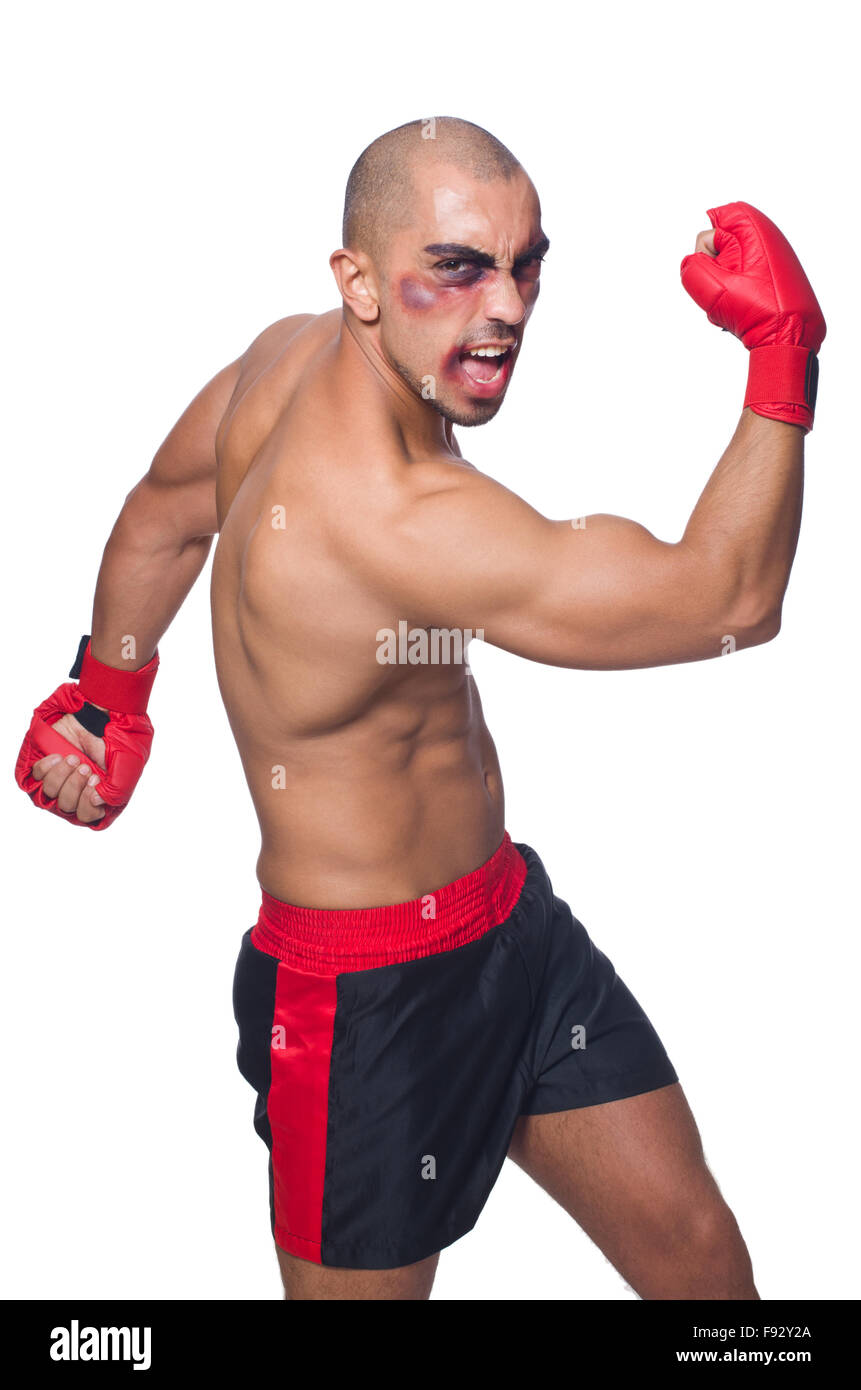 Badly beaten boxer isolated on white Stock Photo - Alamy
