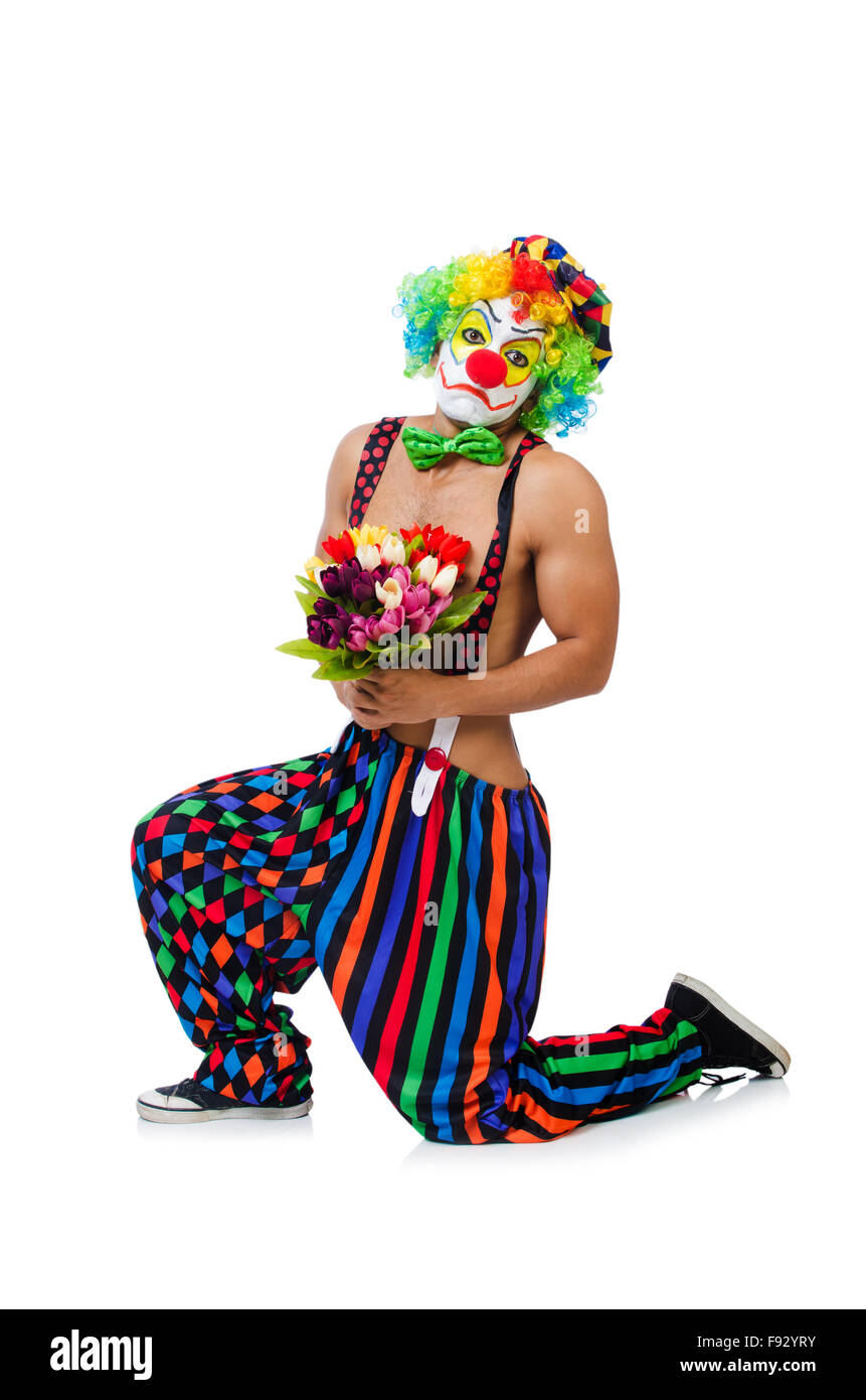 Clown with flowers on white Stock Photo - Alamy