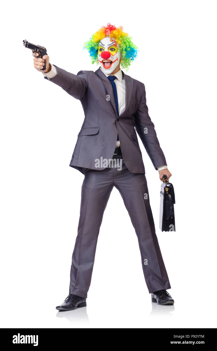 Businessman clown with gun isolated on white Stock Photo - Alamy
