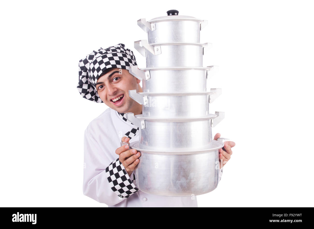 Cook with stack of pots on white Stock Photo - Alamy