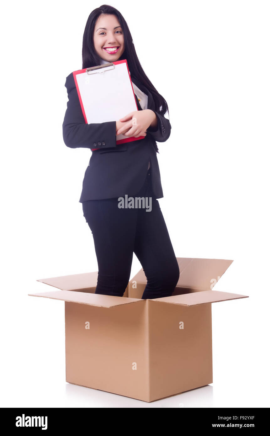 Woman with paper pad out of box Stock Photo - Alamy