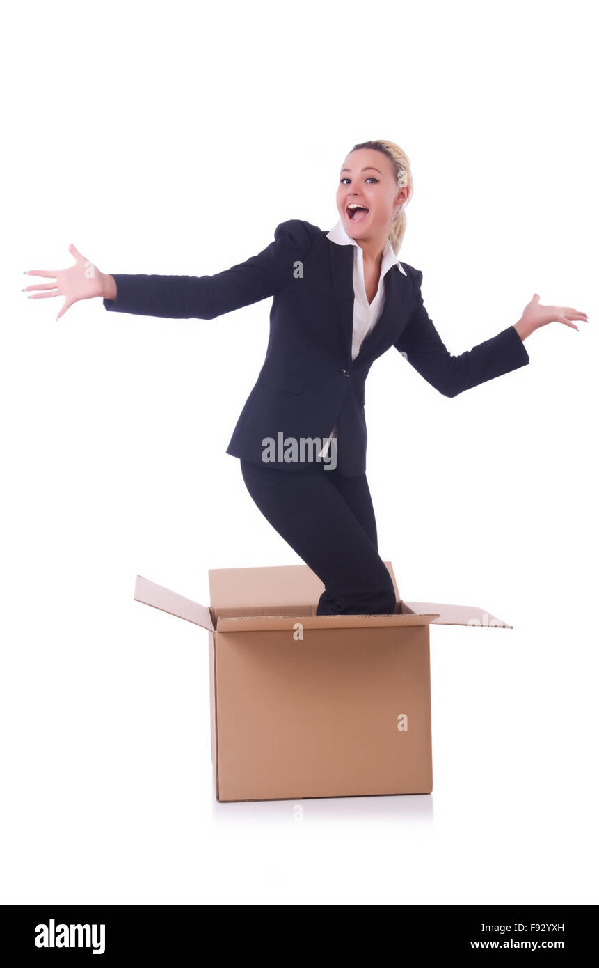 Woman with boxes on white Stock Photo - Alamy