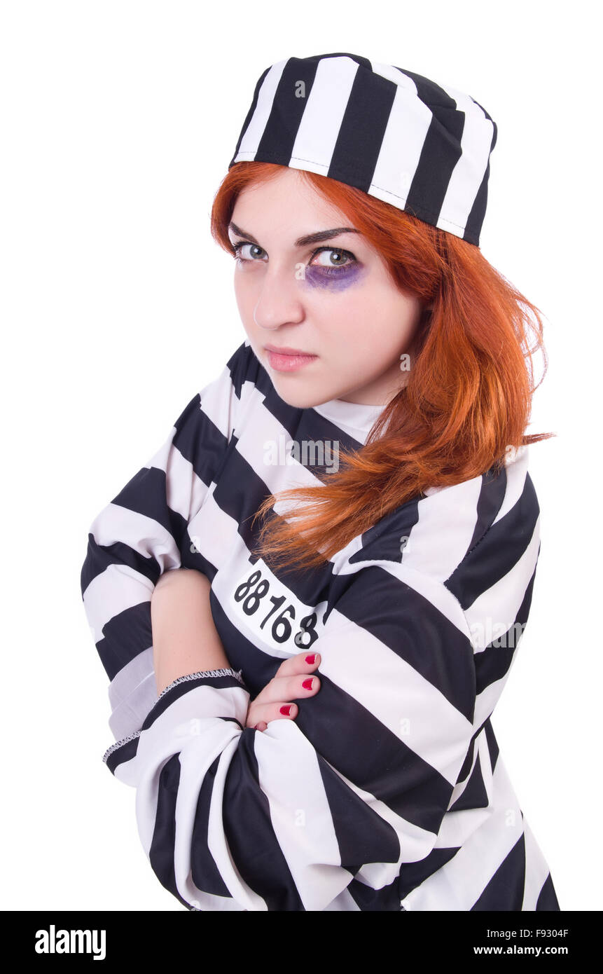 Prisoner in striped uniform on white Stock Photo - Alamy