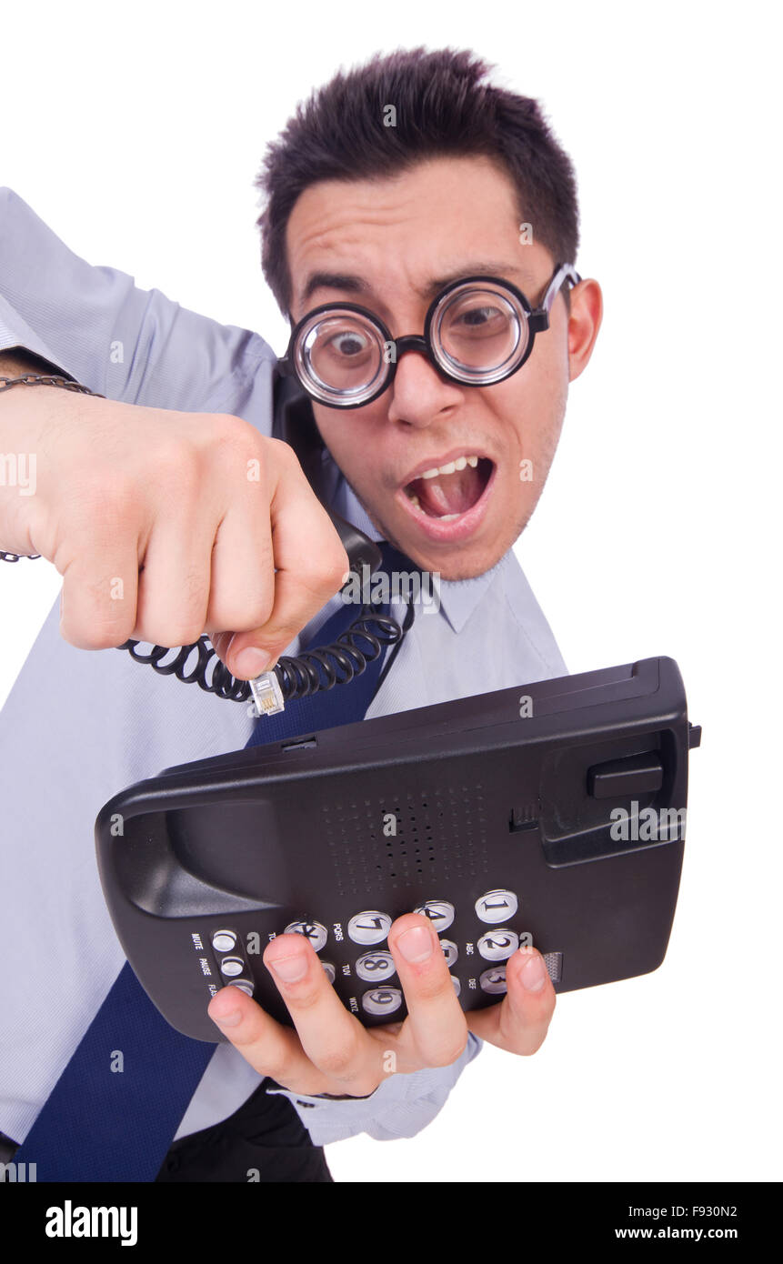 Crazy man with phone on white Stock Photo - Alamy