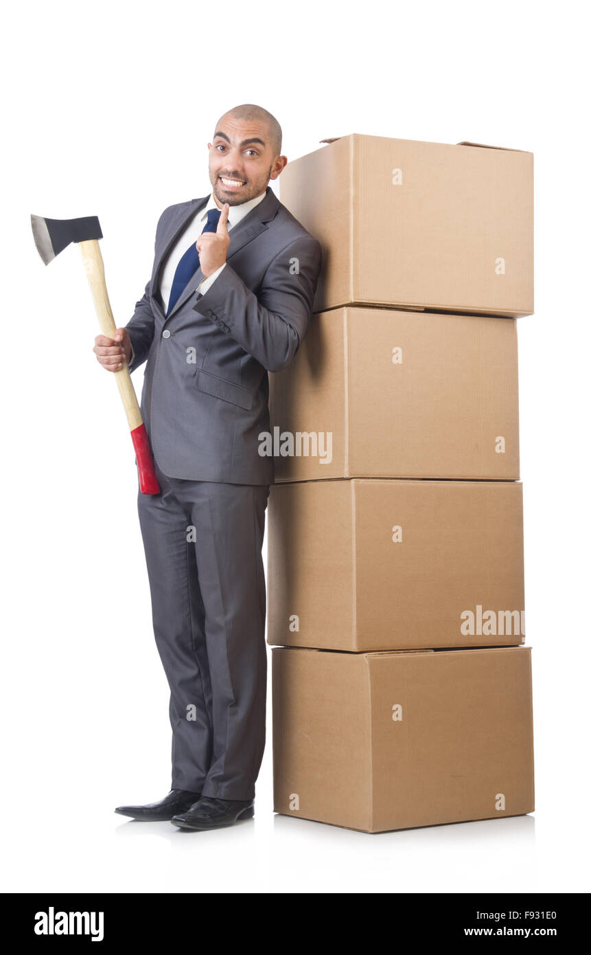 Man with axe and boxes on white Stock Photo - Alamy