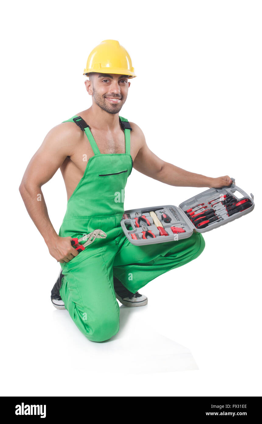Man with toolkit isolated on the white Stock Photo - Alamy