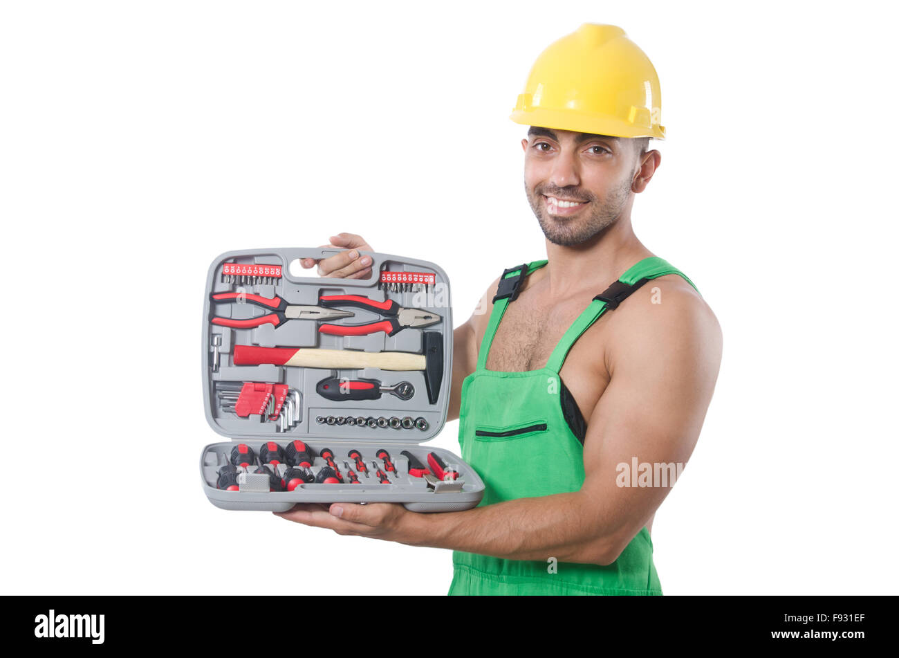 Man with toolkit isolated on the white Stock Photo - Alamy